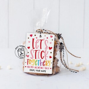 Valentine’s Day Gift Tag Printable, Let’s Stick Together Pun, Classroom ...