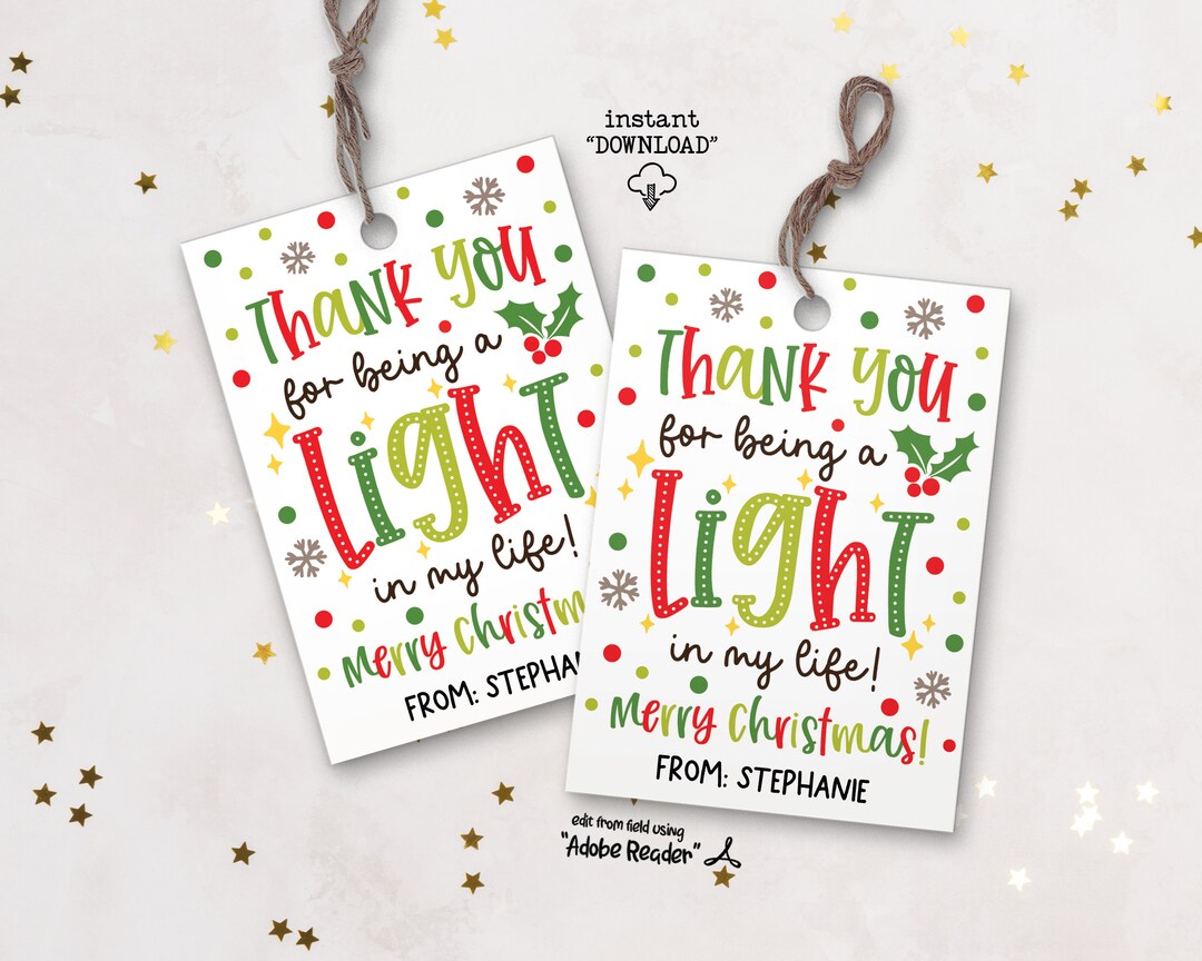 Christmas Candle Gift Tag Printable, Thank You for Being Light in My ...