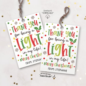 Christmas Candle Gift Tag Printable, Thank You for Being Light in My ...