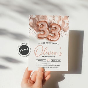 33rd Birthday Invitation Download, Printable Rose Gold Birthday ...