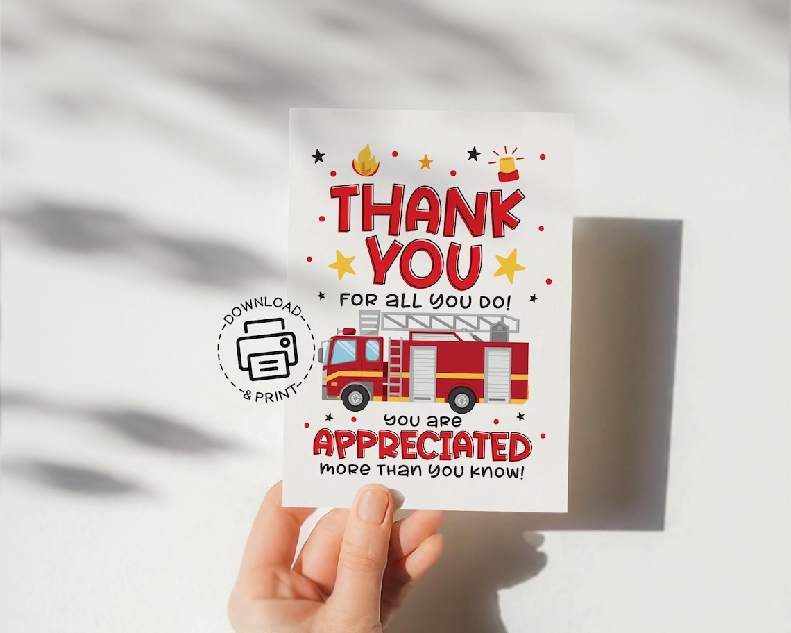 Firefighter Thank You Card: Fire Truck Design (PDF) - Etsy