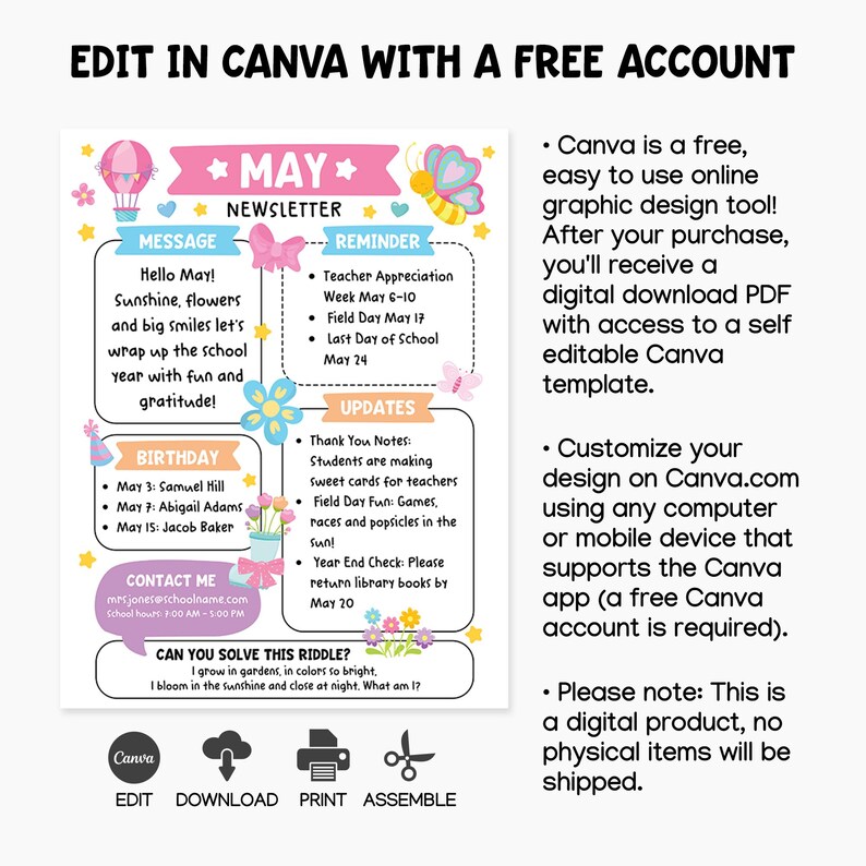 May Classroom Newsletter Template: Editable Spring Teacher Updates ...