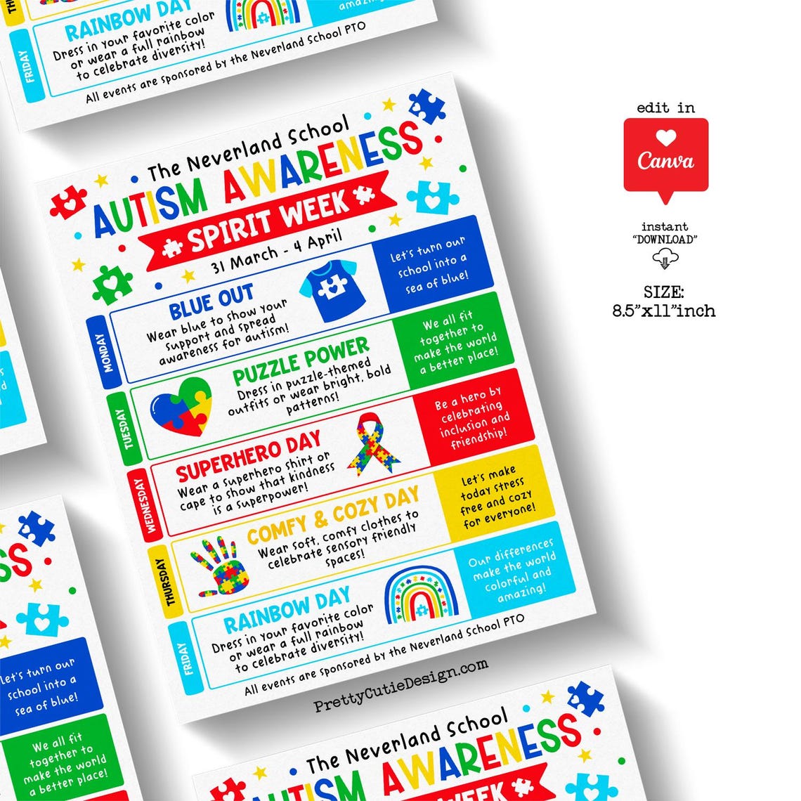 Autism Awareness Spirit Week Flyer Template, School Spirit Week ...