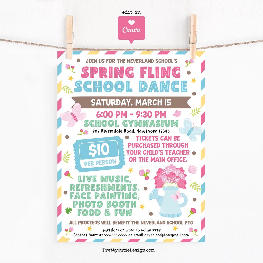 Spring Fling School Dance Flyer Template, PTO Fundraiser Event Poster ...