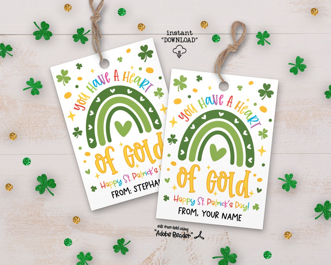 St Patricks Day Heart of Gold Printable Favor Tags, Rainbow St Patricks ...
