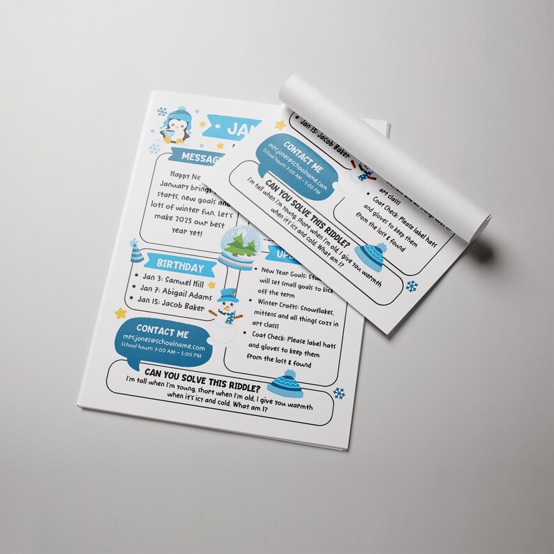 January Classroom Newsletter Template: Winter Penguin Theme (canva ...