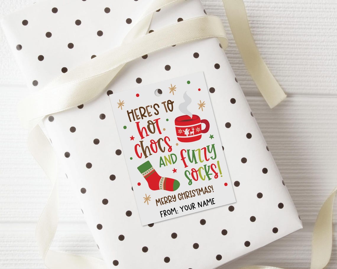 Christmas Gift Tags Printable, Hot Chocs and Fuzzy Socks, Cozy Winter ...