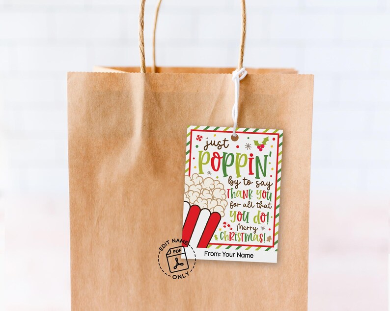 Christmas Gift Tags Printable, Popcorn Theme, Just Poppin Thank You ...