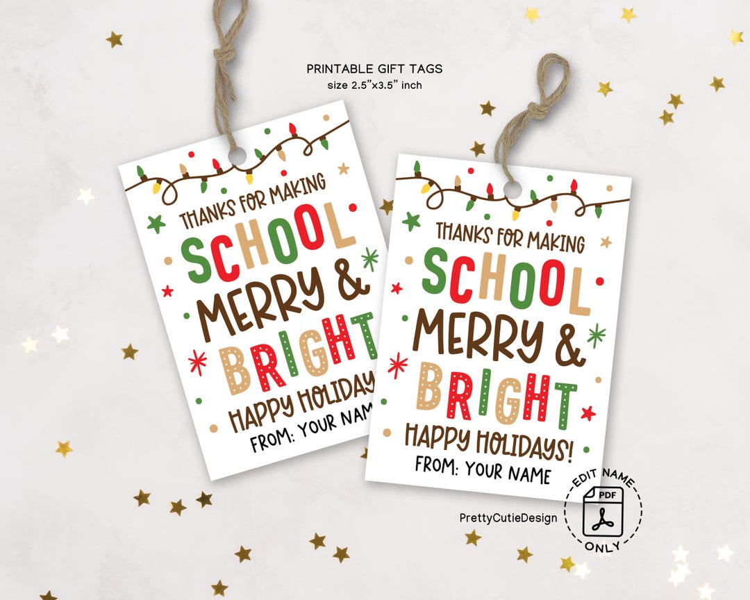 Christmas Gift Tags Printable, School Merry and Bright, Teacher Staff ...