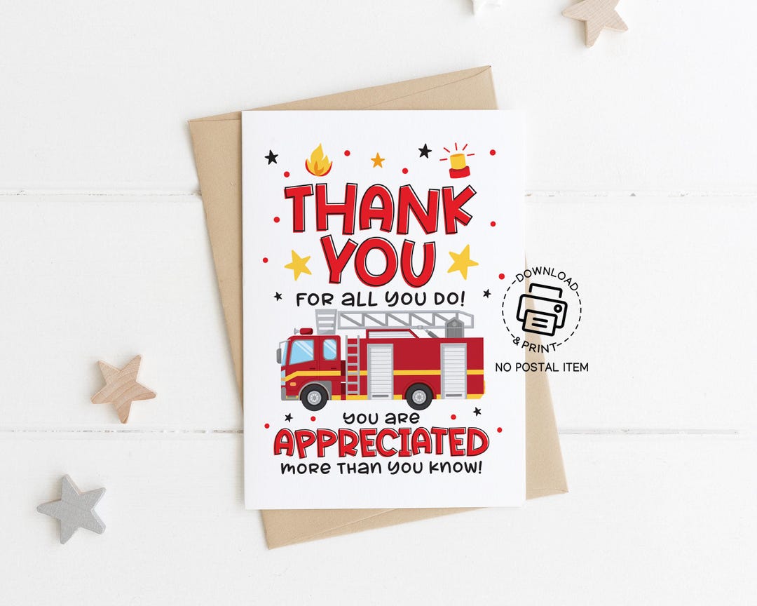 Firefighter Thank You Card: Fire Truck Design (PDF) - Etsy