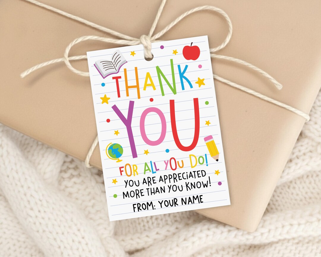 Teacher Thank You Gift Tag Printable With Rainbow School Icons and ...