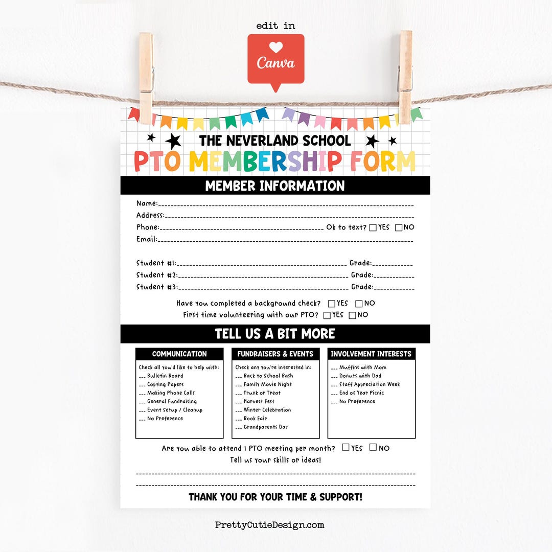 Editable School PTO Membership Form Template: Canva Sign-up Sheet (8 ...