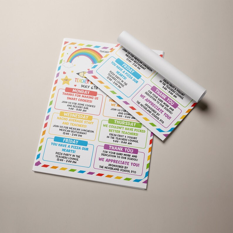Teacher Appreciation Week Schedule Poster Template, Rainbow Happy ...