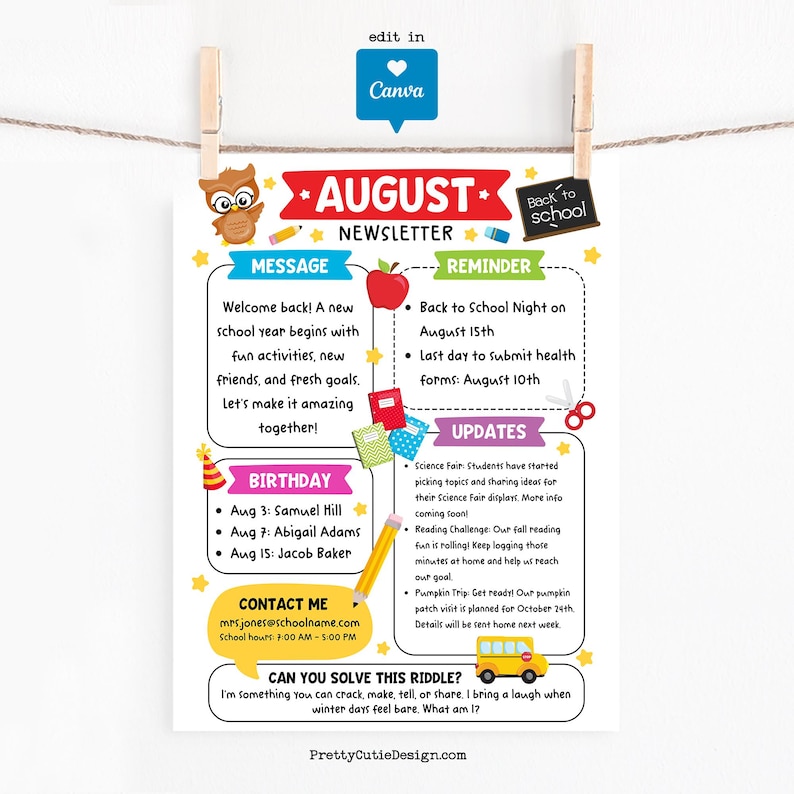 August Classroom Newsletter Template: Editable Back to School Flyer ...