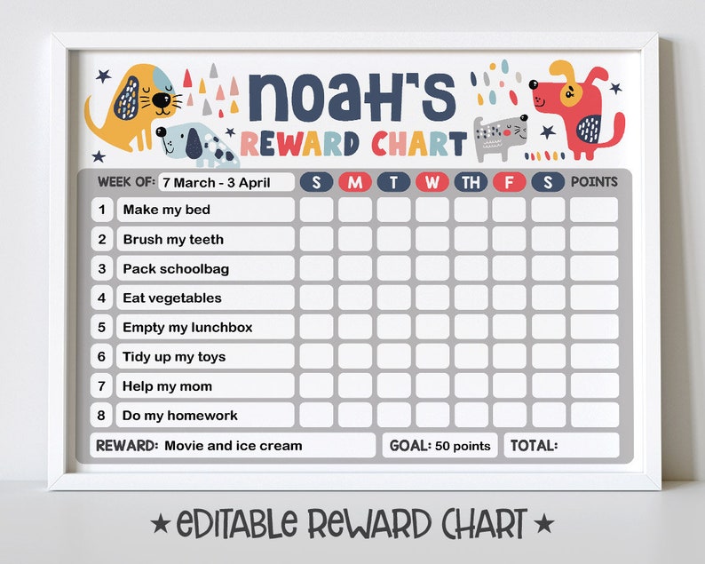 Dog Reward Chart for Kids Simple Kids Editable Reward Chart | Etsy