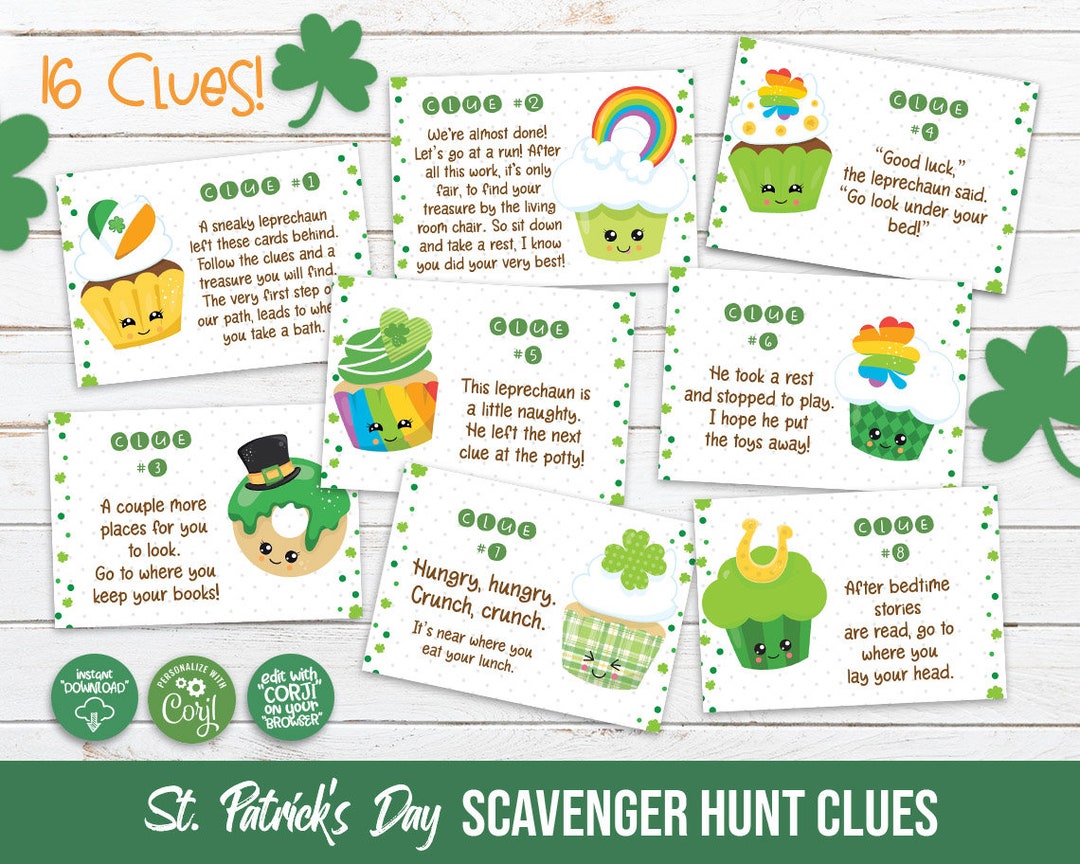 St. Patrick's Day Scavenger Hunt Clue Cards for Kids / - Etsy