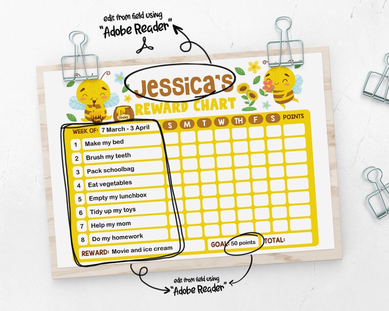 Little Bee Reward Chart for Kids Simple Kids Editable Reward - Etsy