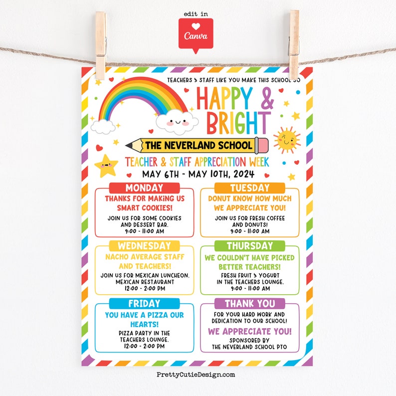 Teacher Appreciation Week Schedule Poster Template, Rainbow Happy ...