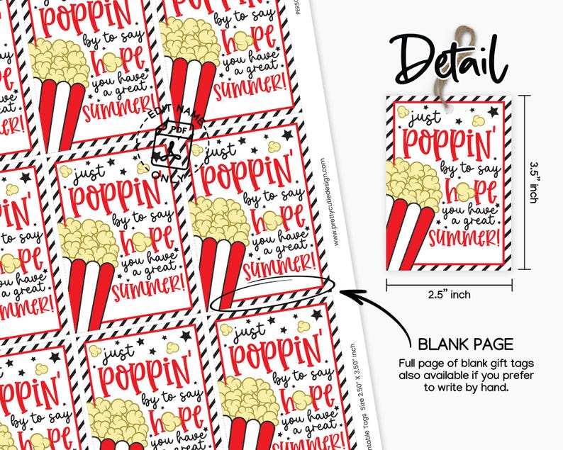Popcorn Summer Gift Tags: End of School Year Printable (PDF) - Etsy