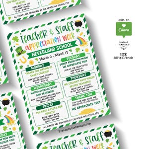 Editable St Patricks Day Teacher Appreciation Week Itinerary Flyer ...