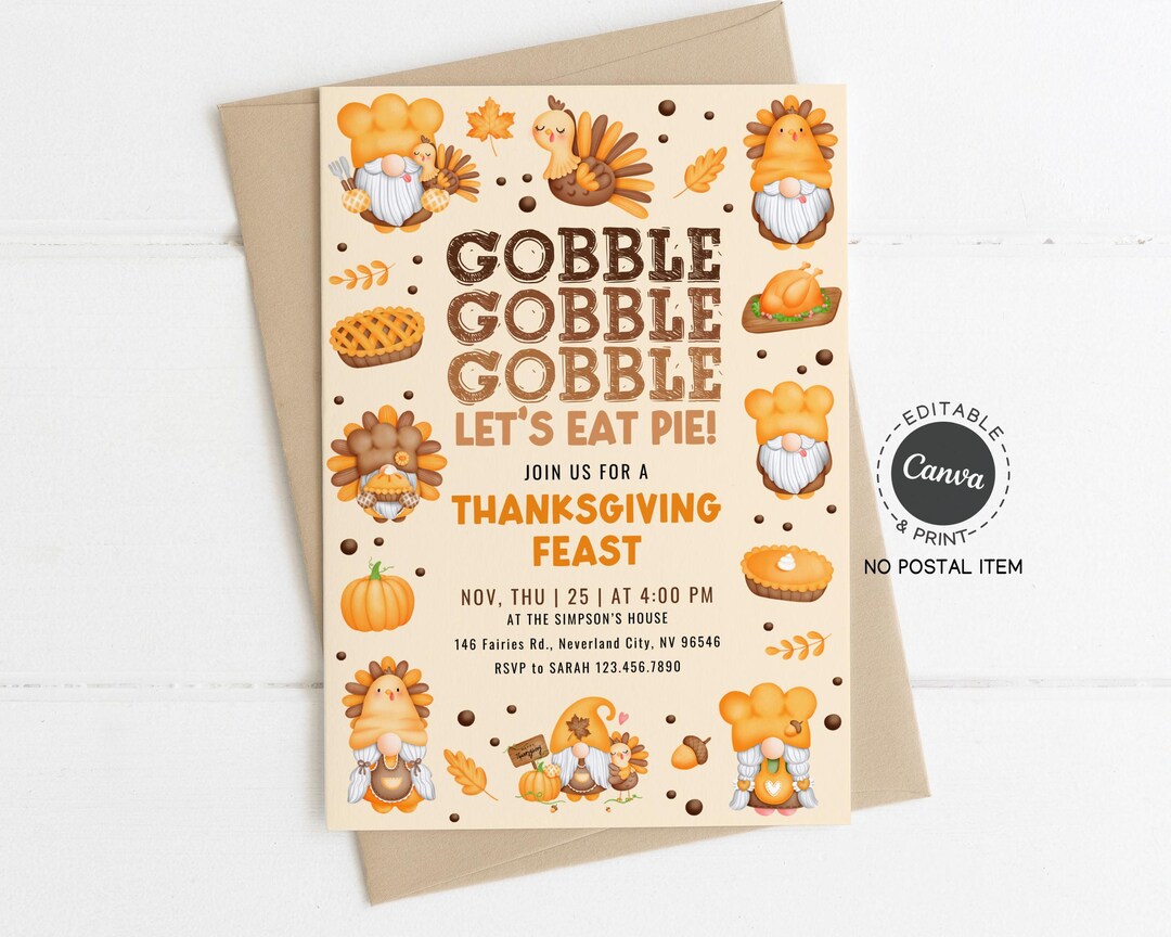 Fall Thanksgiving Invitation, Printable and Editable Gobble Dinner ...
