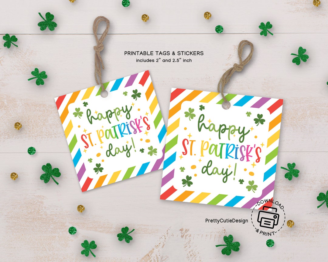 St. Patrick’s Day Gift Tags Printable, Rainbow Shamrock Treat Favor ...