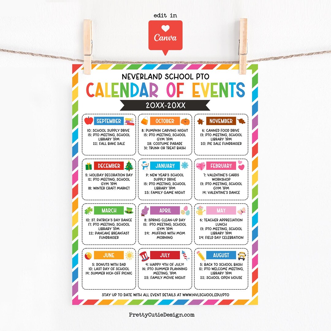 School Calendar Template: PTO PTA Events Planner, Editable Canva Design ...