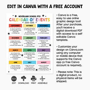 Editable School Calendar Template: PTO PTA Events Planner (canva ...