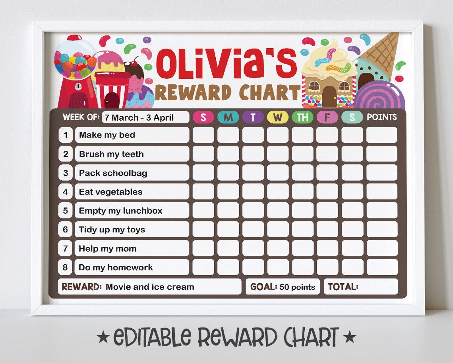 Ice Cream Candy Reward Chart for Kids Simple Kids Editable | Etsy