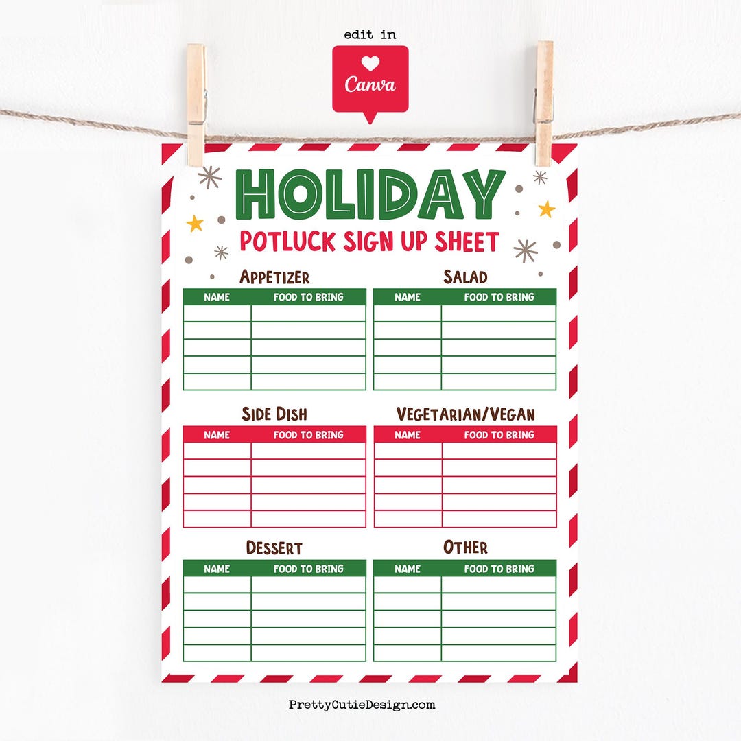 Holiday Potluck Sign up Sheet, Canva Template, Christmas Party Food ...