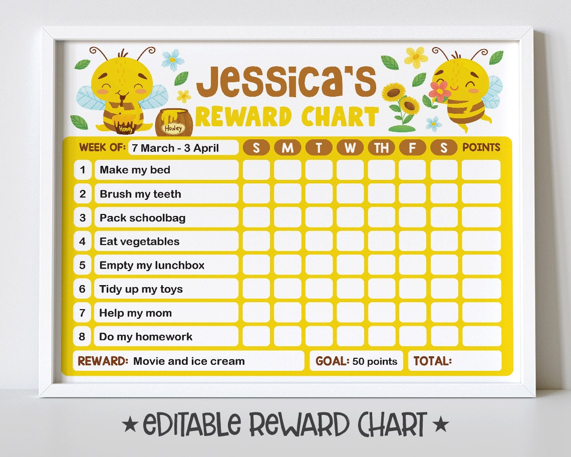 Little Bee Reward Chart for Kids Simple Kids Editable Reward | Etsy