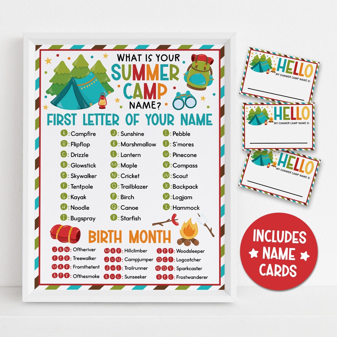 Summer Camp Name Game: Camping Party Activity, Nature Theme (instant ...
