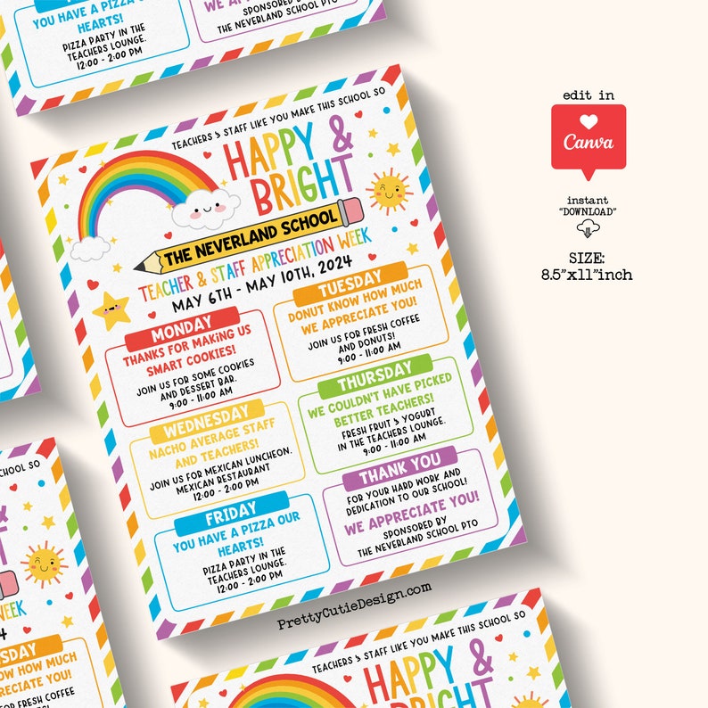 Teacher Appreciation Week Schedule Poster Template, Rainbow Happy ...