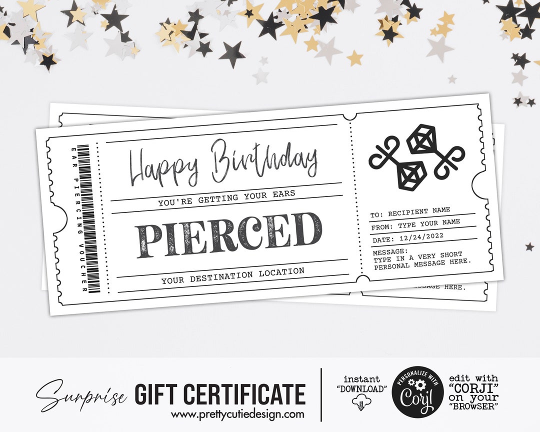 Ear Piercing Ticket Voucher Certificate Template Birthday - Etsy Ireland
