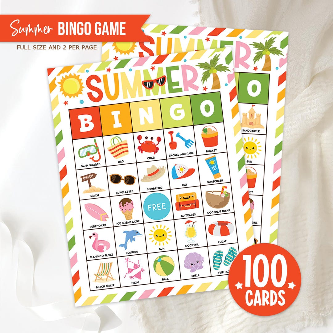 Summer Bingo Game Printable, 100 Colorful Bingo Cards for Kids, Beach ...