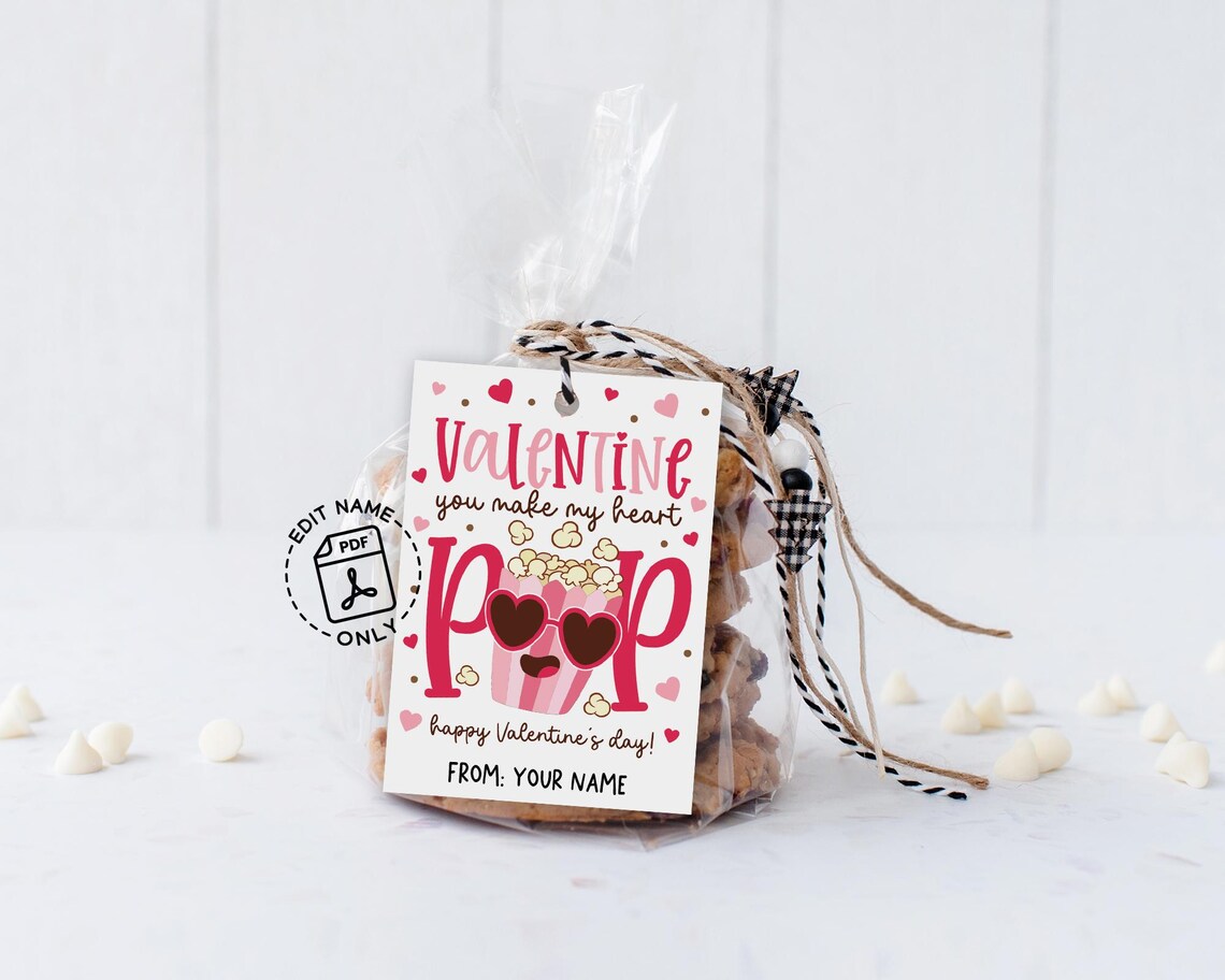 Popcorn Valentine Gift Tag, Heart Pop Printable, Movie Night School ...