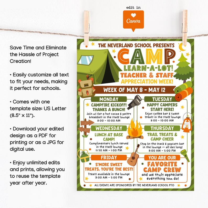 Teacher Appreciation Week Flyer Template, Camp Theme Staff Poster, PTO ...