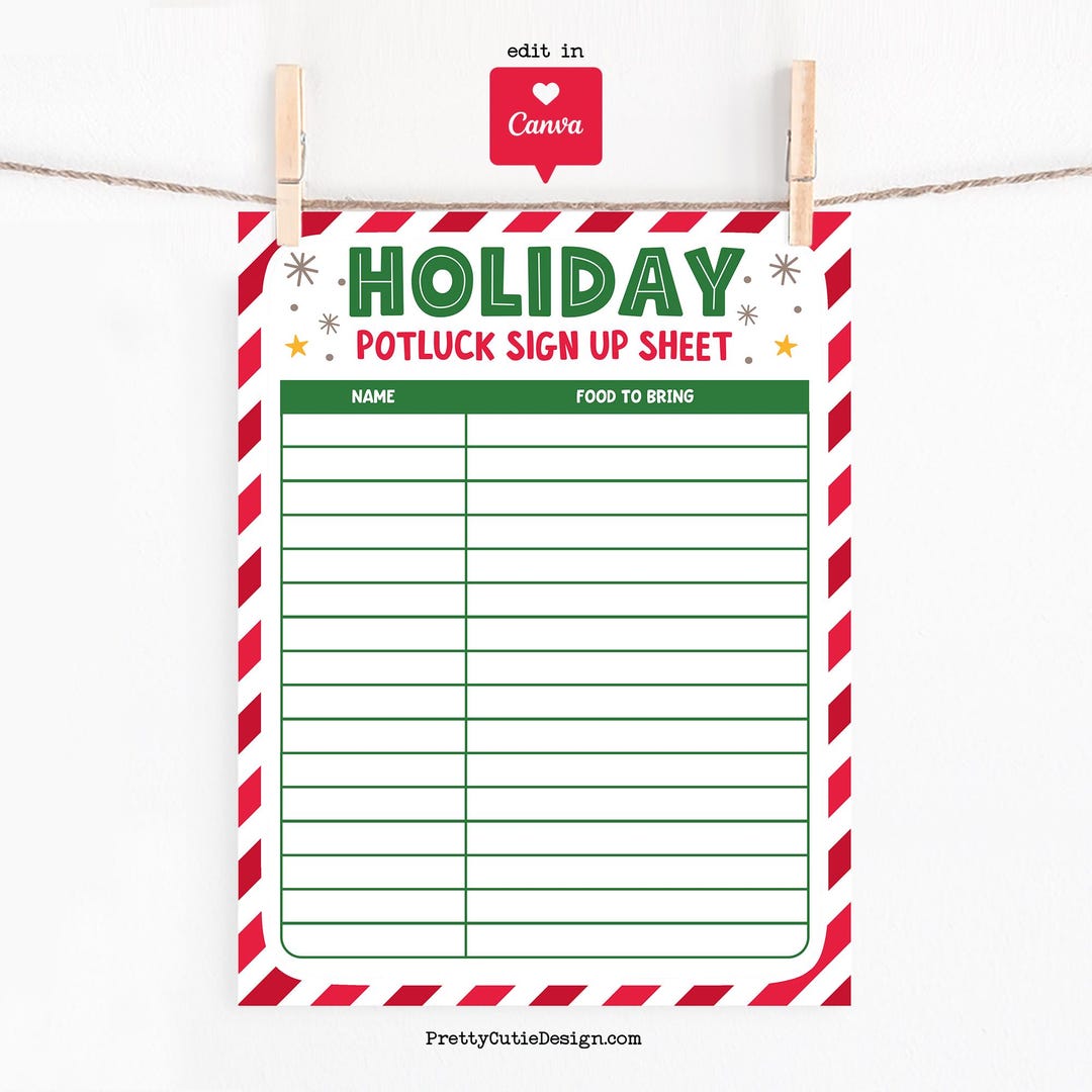 Holiday Potluck Sign up Sheet, Canva Template, Christmas Party Food ...