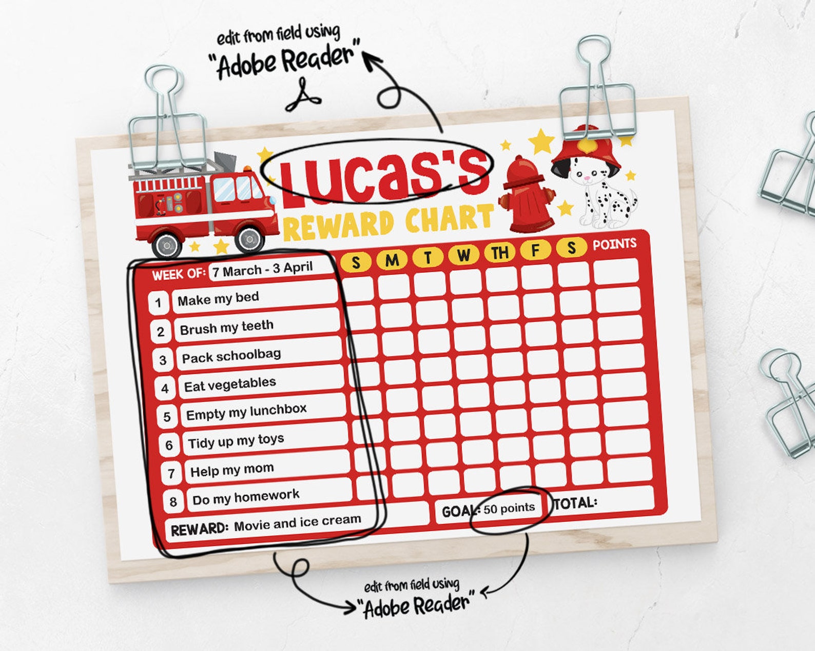 Firefighter Reward Chart for Kids Simple Kids Editable Reward | Etsy