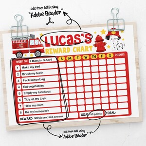 Firefighter Reward Chart for Kids, Simple Kids Editable Reward Chart ...