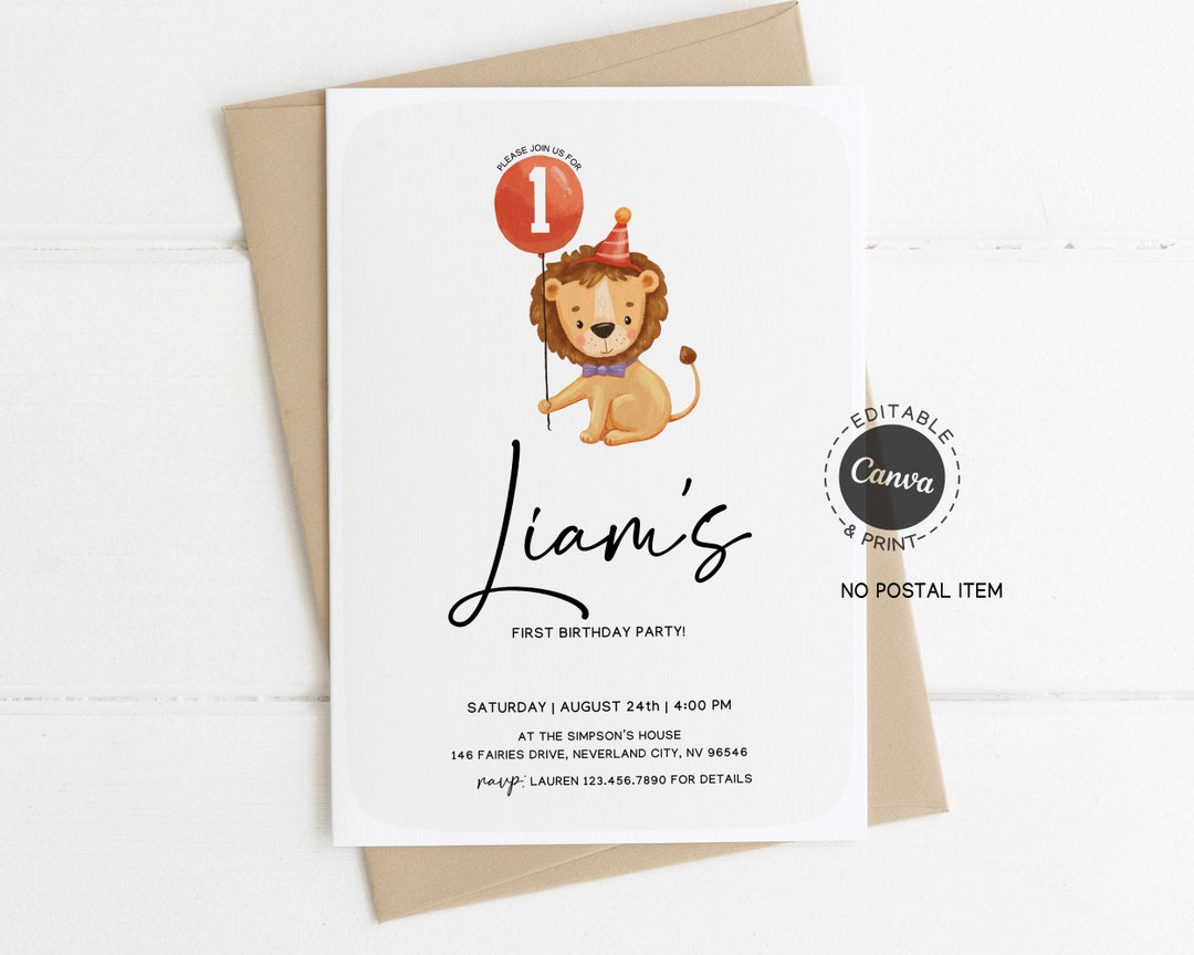 Lion Birthday Invitation Template Boy, Editable Template Canva, Lion ...