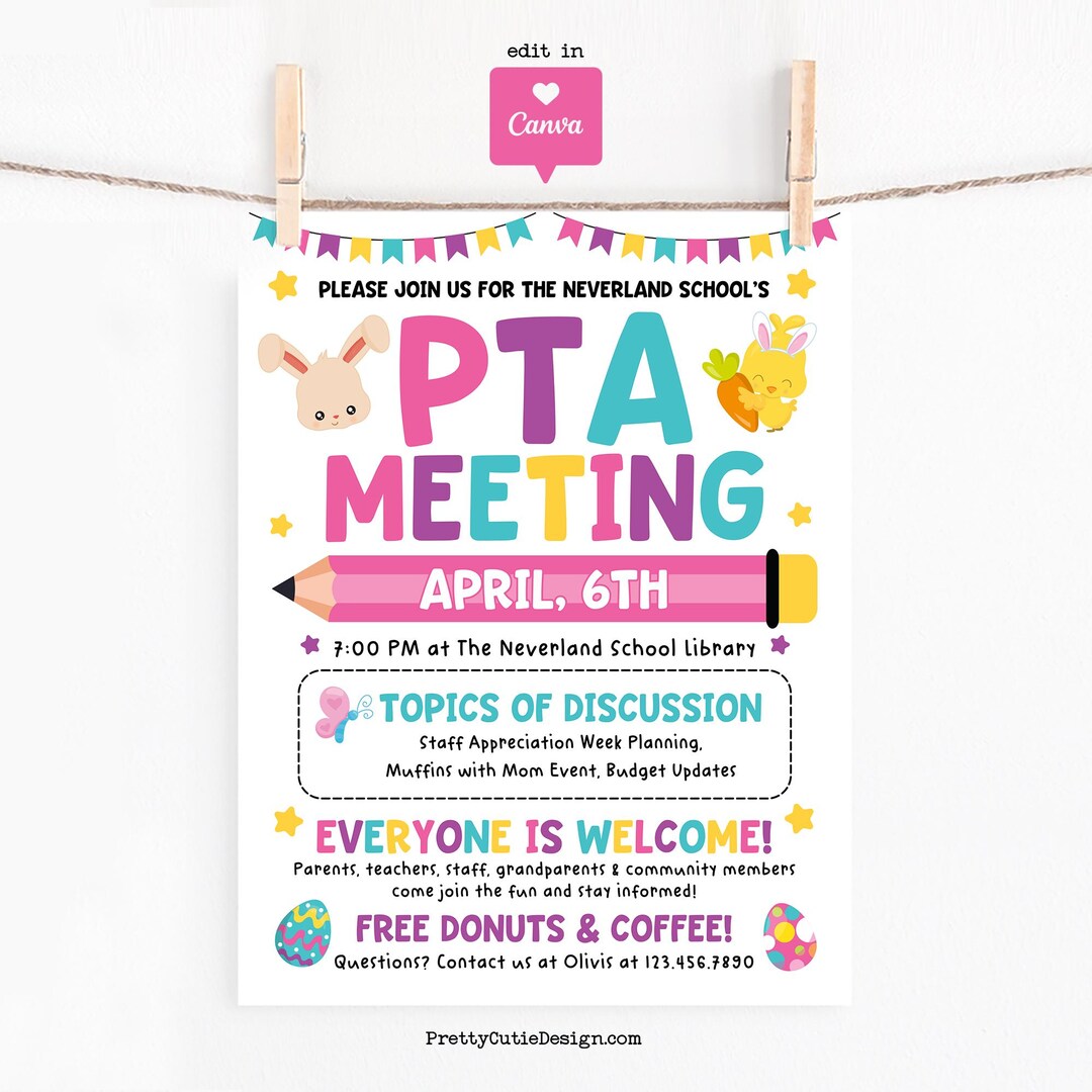 Spring PTA PTO Meeting Flyer Printable, Editable April Parent Teacher ...