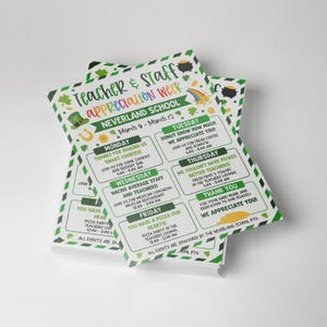 Editable St Patricks Day Teacher Appreciation Week Itinerary Flyer ...