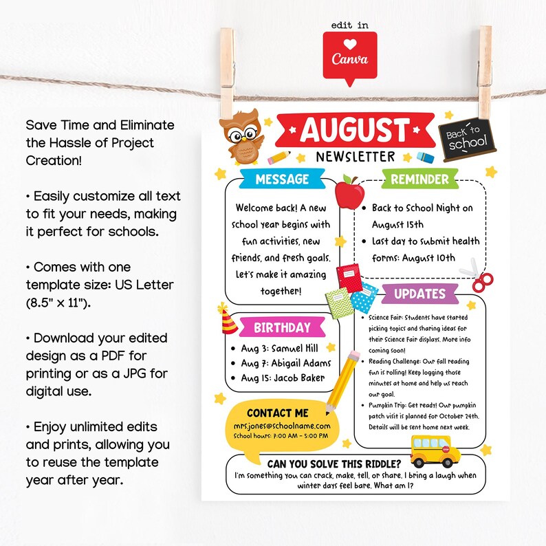 Editable Monthly Classroom Newsletter Template: Canva Printable (8.5x11 ...