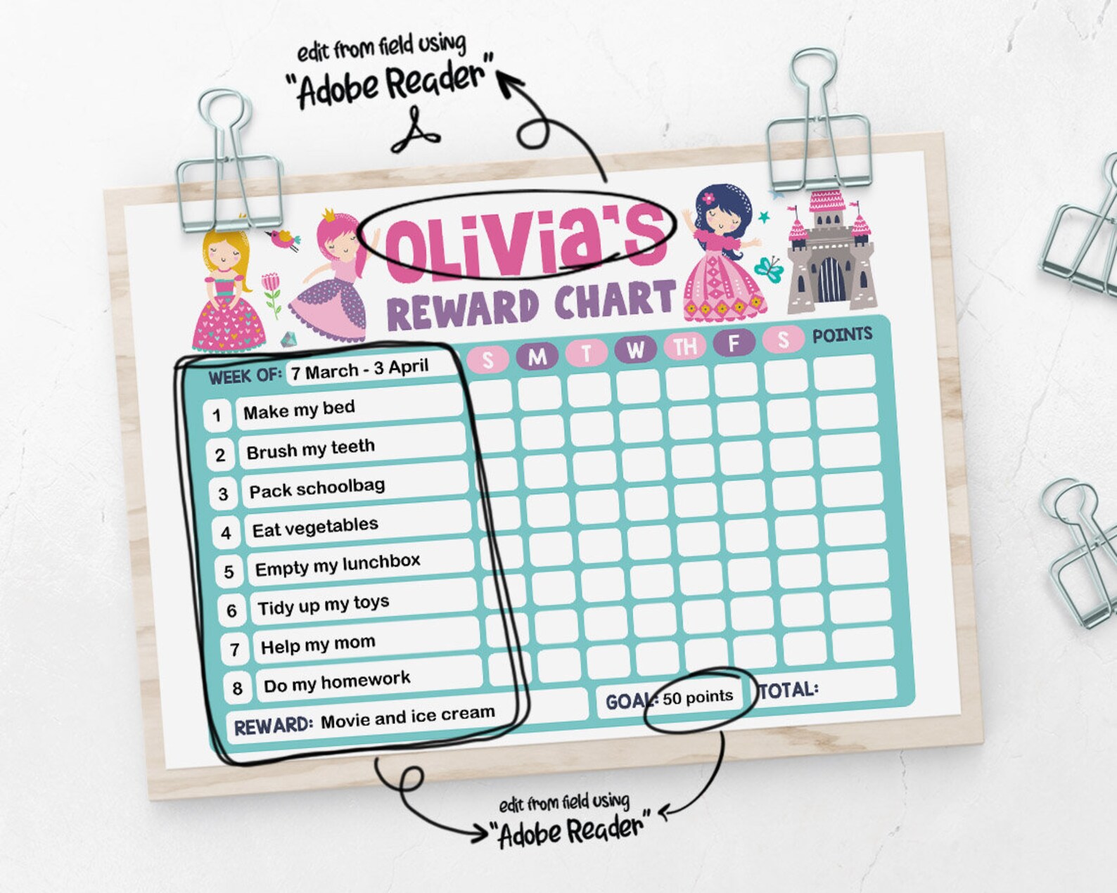 Princess Reward Chart for Kids Simple Kids Editable Reward - Etsy
