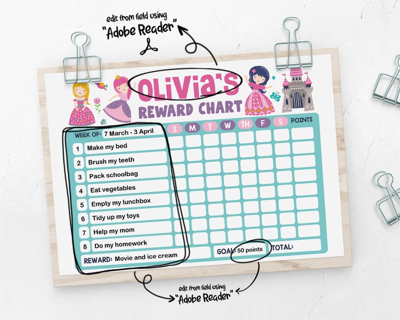 Princess Reward Chart for Kids Simple Kids Editable Reward - Etsy