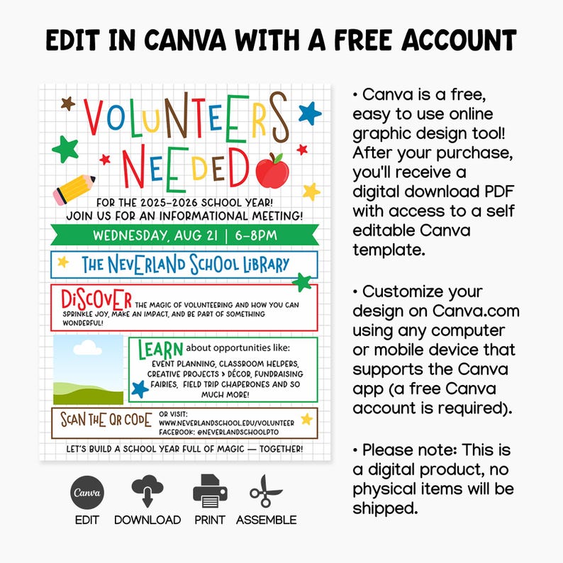 School Volunteer Flyer Template, Editable PTO Recruitment Poster (canva ...