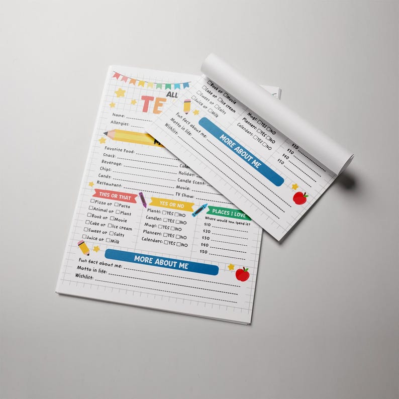 Teacher Favorite Things List Printable: Back to School Gift ...