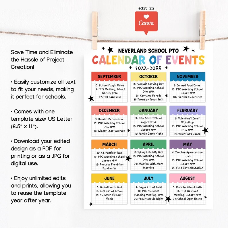 Editable School Calendar Template: PTO PTA Events Planner (canva ...