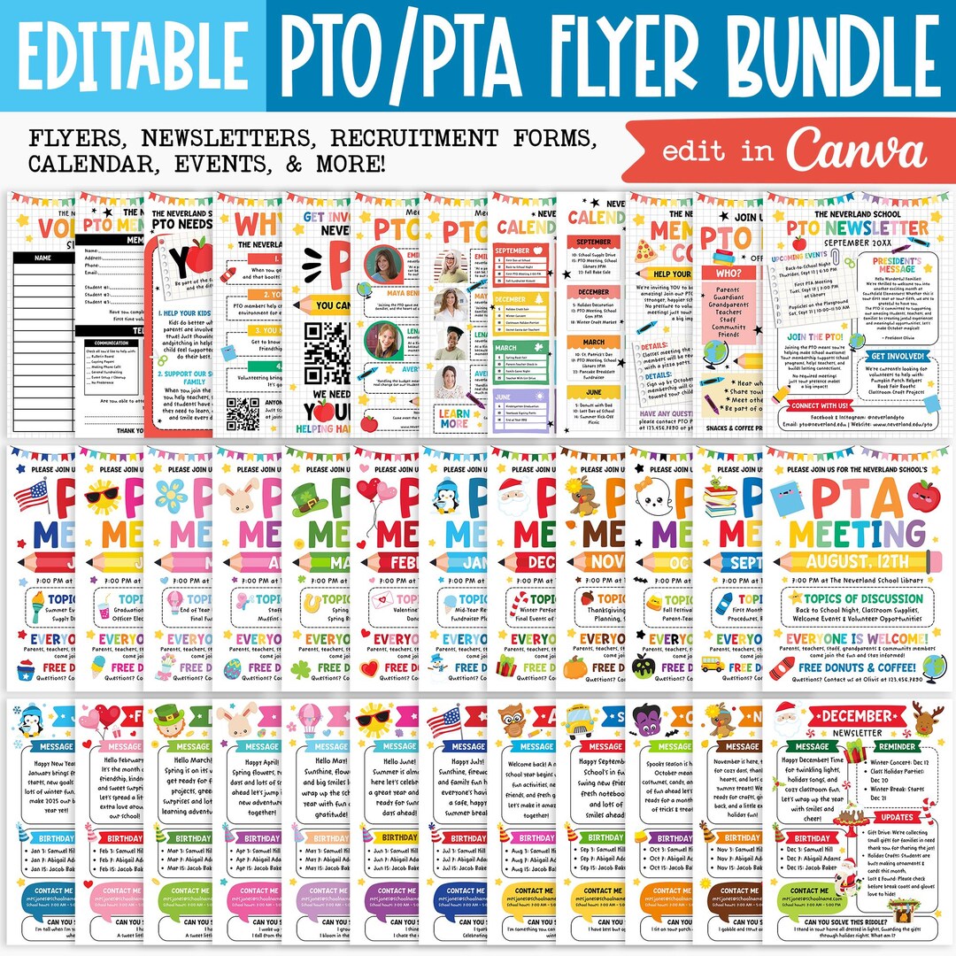 Editable PTO PTA Flyer Bundle Template, School Newsletter Calendar ...